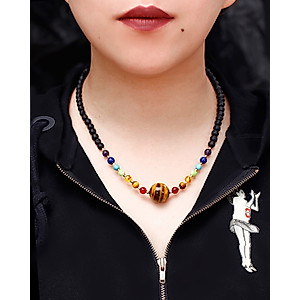 Jewever 7 Chakra Crystal Necklaces Healing Gem Stone Pendant Choker Necklace for Women Tiger Eye with Lava Rock Essential Oils Diffuser Energy Crystals Adjustable Strand（Yellow）