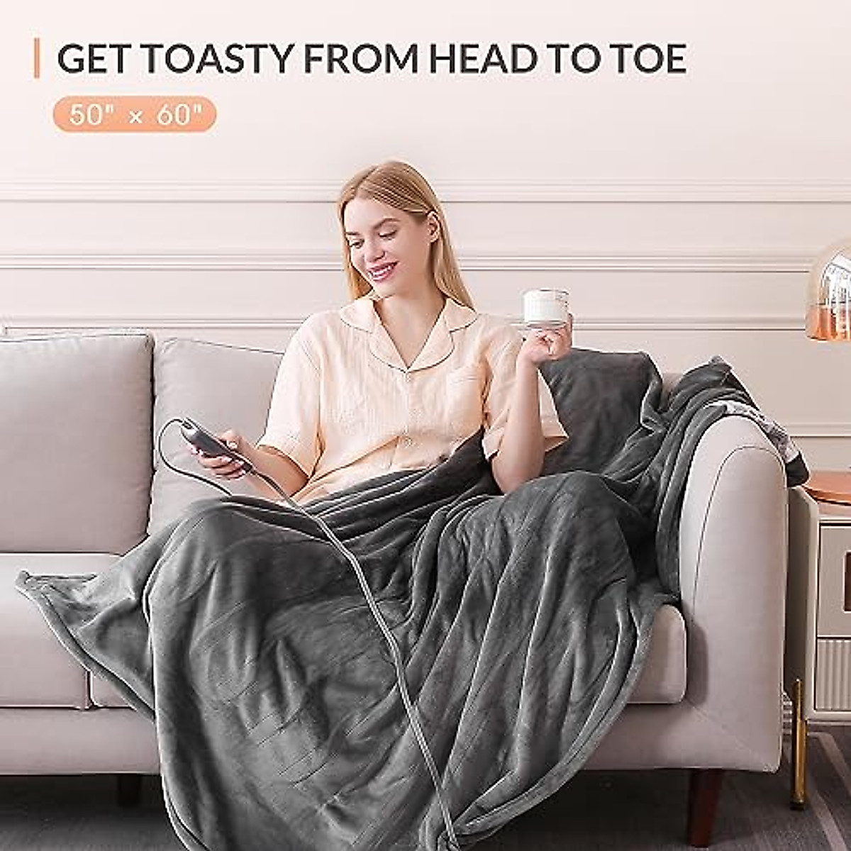 HOMLYNS Heated Blanket Heated Throw, Electric Blanket with 3 Hours Timer Auto-Off & 4 Heating Levels, Double-Layer Flannel Heating Blanket with ETL Certification, Machine Washable (50" x 60", Grey)