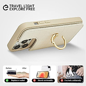 CUSTYPE for iPhone 13 Pro Max Wallet Case with Card Holder,PU Leather Protective Case with Ring Holder Kickstand Card Slots Case for Women and Men for iPhone 13Pro Max 6.7"-Beige