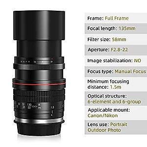 Lightdow 135mm f/2.8 FE UMC Full Frame Telephoto Lens for Canon Rebel EOS 80D 77D 70D 60D 50D 7D 6D 5D 5DS 1DS T7i T7s T7 T6s T6i T6 T5i T5 T4i SL2 and SL1 Digital SLR Cameras Black