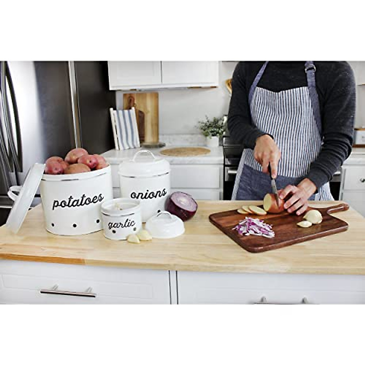 AuldHome Potatoes, Onions and Garlic Canister Set; Rustic White Enamelware Vegetable Storage Containers