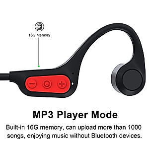 RR SPORTS Bone Conduction Headphones, Open Ear Bluetooth 5.3 Sport Earphones with Built-in Mic and MP3 Player 16G Memory, IPX8 Wireless Waterproof Headset for Swimming, Running, Cycling (Black-Red)
