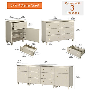 WAMPAT 8 Drawers Dresser Chests for Bedroom, 3-in-1 Modern Beige Wood Closet Storage Organizer Furniture with Door and Adjustable Shelves for Kids Room, Nursery, 94.4x15.3x32.4