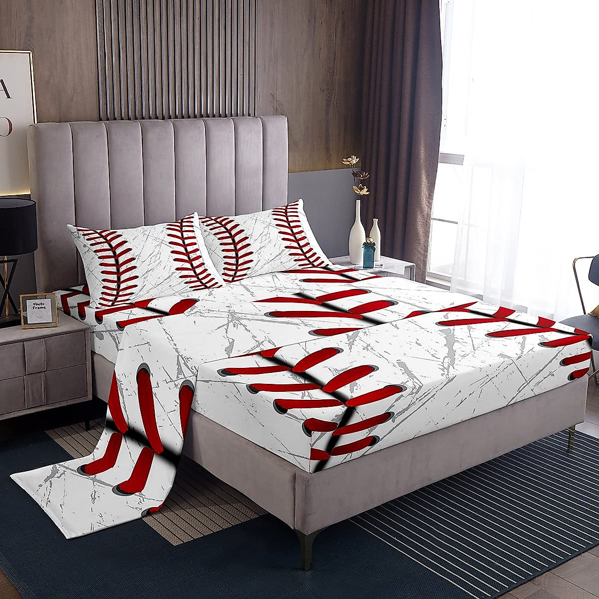 Erosebridal Baseball Bed Sheets for Boys,Red White Baseball Sheet Set for Kids,Grunge Ball Print Bedding Set,Sports Game Fitted Sheet + Top Sheet Soft + 2 Pillowcases Wrinkle Free,Full Size