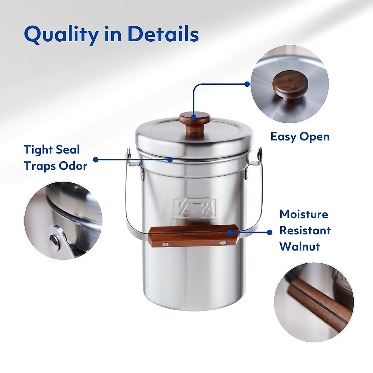 Vatya Stainless Steel Kitchen Compost Bin - NO Filter Countertop Composter, Composting Bucket, Counter Top Small Indoor Food Waste Container with Lid, Odorless Food Scrap Pail, Large 0.8 Gallon