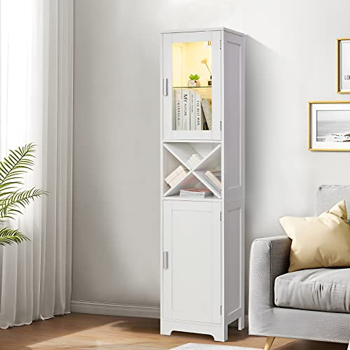 Quimoo Bathroom Cabinet, Storage Cabinet with 2 Doors & LED Sensor Light, Tall Bathroom Storage Cabinet with 3 Adjustable Shelves, Linen Tower Floor Cabinet for Living Room, Bedroom, White