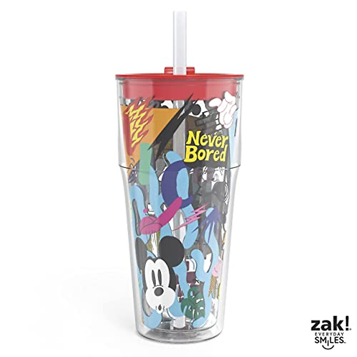 Zak Designs Disney Insulated Plastic Tumbler with Press-In Lid and Straw, Made with Durable and Non-BPA Material for Travel Cold Drinks (16 oz, Mickey Mouse)