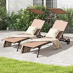 Tangkula Patio Chaise Lounge Chair Set of 2, Outdoor Recliner with Wheels, Adjustable Canopy & Cupholder, 6-Level Backrest, Heavy-Duty Metal Reclining Lounger for Poolside, Backyard (2, Brown)