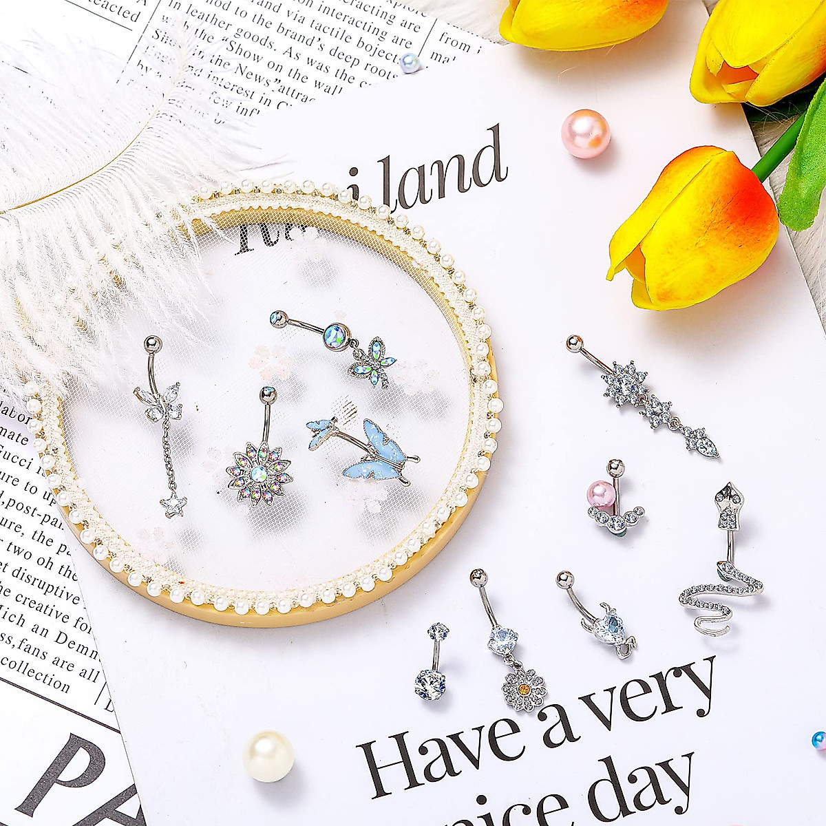 10 Pcs Dangle Belly Button Rings Piercing Belly Button Rings for Women Silver Heart Stainless Steel Curved Belly Rings Jewelry Dangling Cute Heart Butterfly Navel Rings Women's Body Piercing Barbells