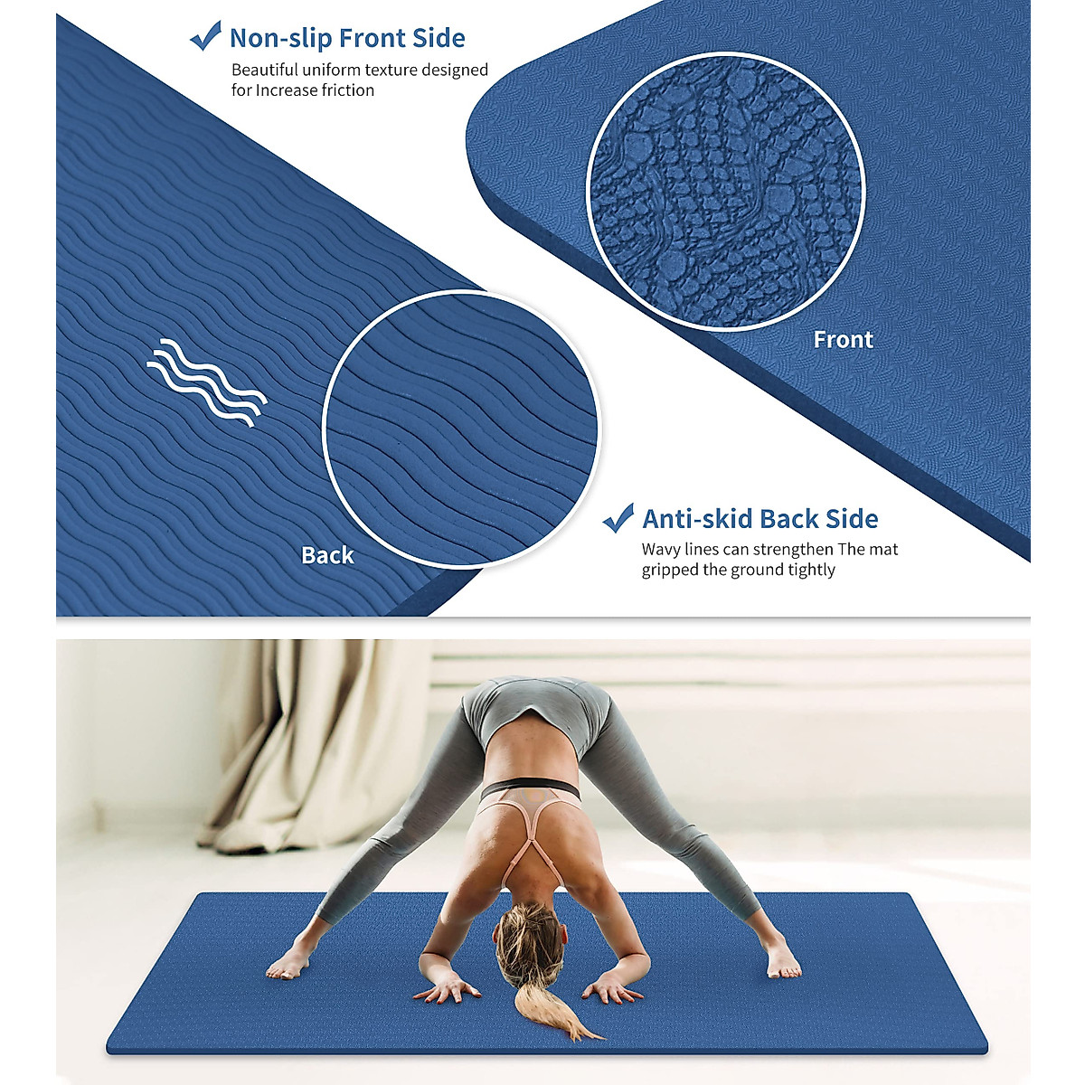 nuveti TPE Large Yoga Mat Non-Slip Exercise Fitness Mat with Carry Bag Eco Friendly Yoga Mats for Women 72"x24" Extra Thick 8mm for Home, Pilates and Floor Exercises Workout Mats DarkBlue