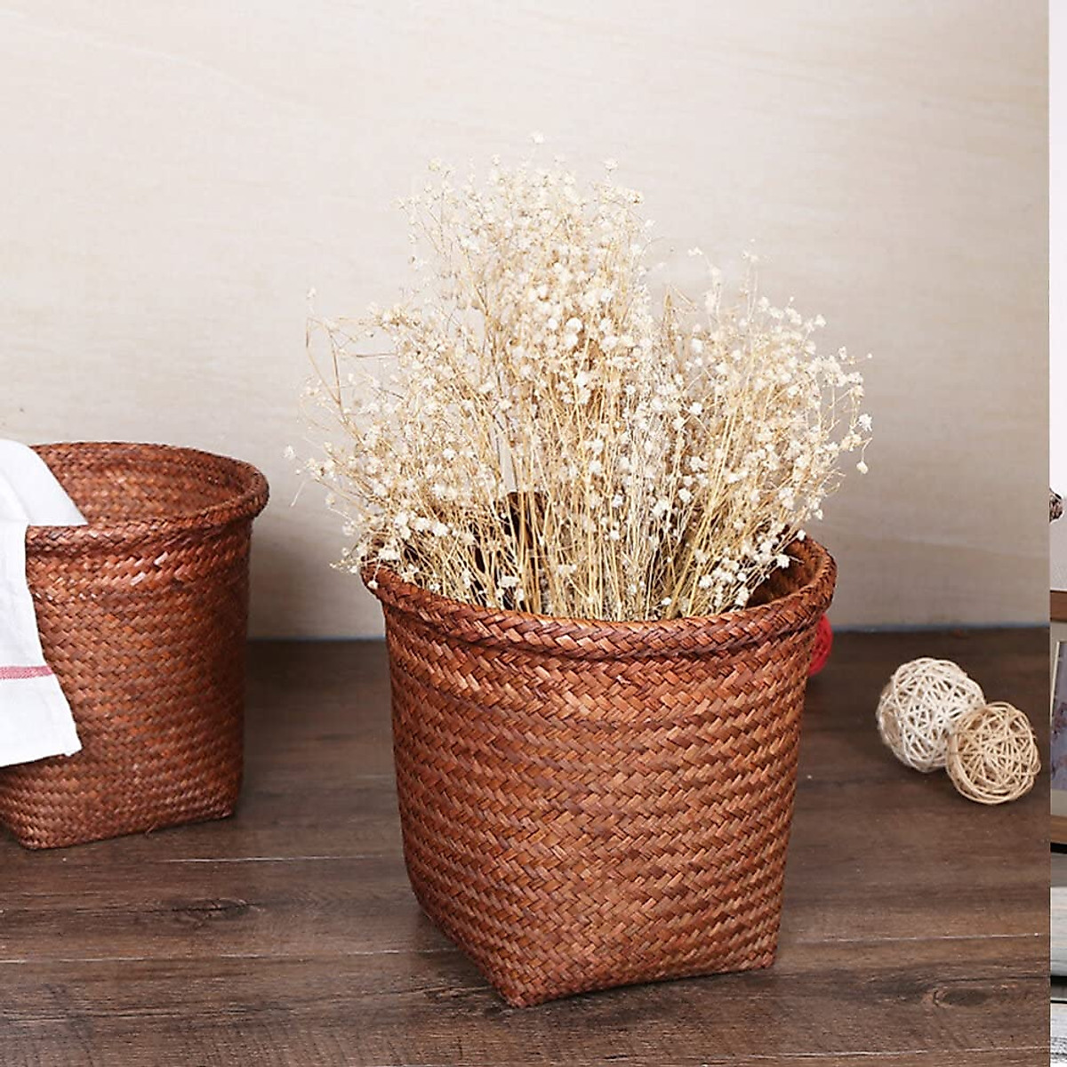 1Pc Straw Woven Wastebasket Retro Garbage Can Straw Rubbish Container Wicker Waste Basket（Small）