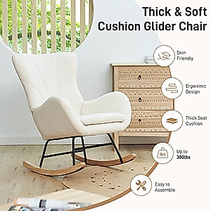 FUNNIU Rocking Chair Nursery, Glider Chair for Baby Nursing with Cushion Teddy Velvet Upholstered Indoor Glider Rocker Comfy Armchair Living Room Chair Accent Chair with High Backrest and Armrests
