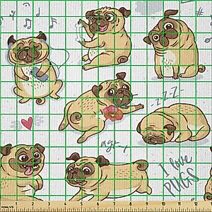 Ambesonne Dog Lover Fabric by The Yard, I Love Pugs French Bulldogs Playing Rose Bouquets Hearts Listening, Microfiber Fabric for Arts and Crafts Textiles & Decor, 1 Yard, Pastel Brown Blue Grey