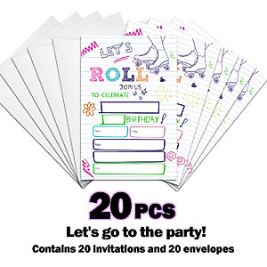 Roller Skating Children Birthday Party Invitations, Roller Skate Invites for Girls Boys Kids Teen, Kid's Party Favors Decoration and Celebration Supplies, 20 Invitations with Envelopes - JY625