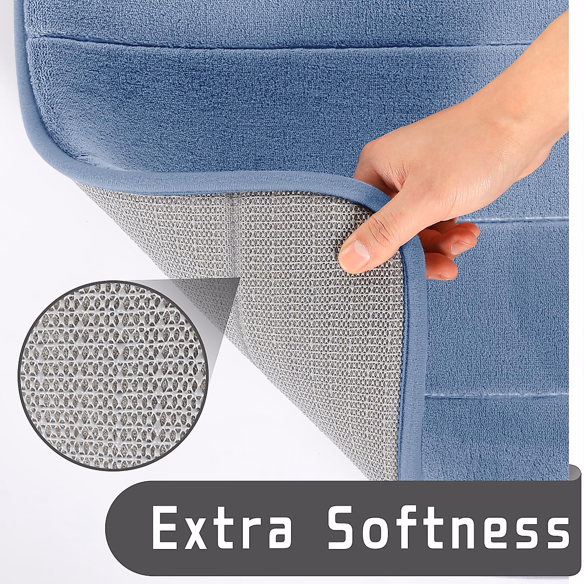 Yimobra Memory Foam Bath Mat Set, 2 Piece Soft Bathroom Rugs,17x24 and 24x20.4 U-Shaped Bathroom Rugs, Toilet Mat, Water Absorption, Non Slip, Thick, Dry Fast for Bathroom Floor Mat, Denim Blue