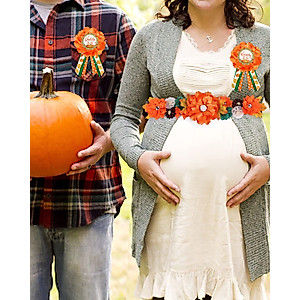 Pumpkin Maternity Sash Mom to Be & Daddy to Be Baby Shower Corsage Set Fall Pumpkin Sash and Pins for Baby Shower Gender Reveal Keepsake Photography Pregnancy Flower Belly Belt Souvenir Supplies