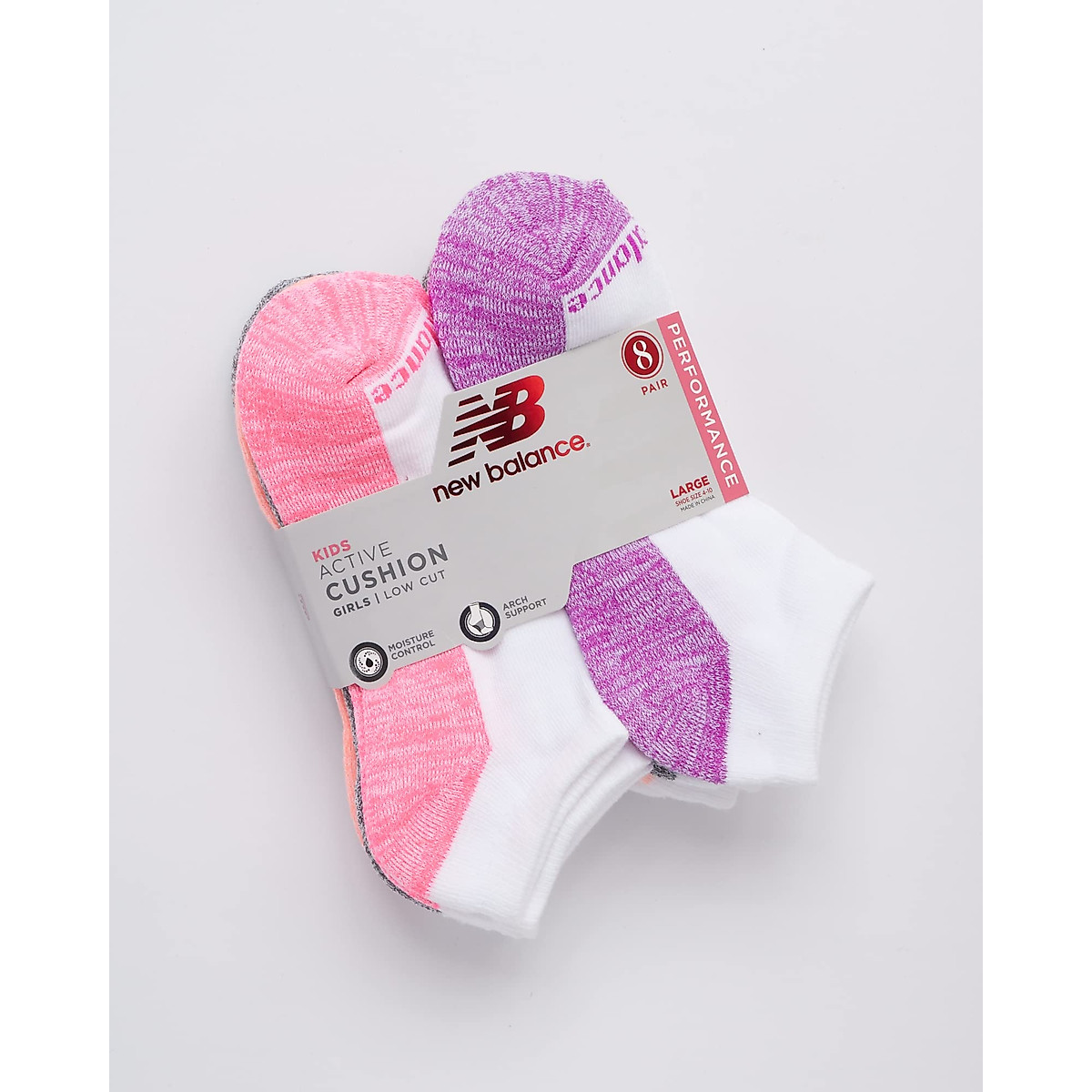 New Balance Girls' Athletic Low Cut Socks with Reinforced Heel and Toe (8 Pack), Size Medium, White Assorted