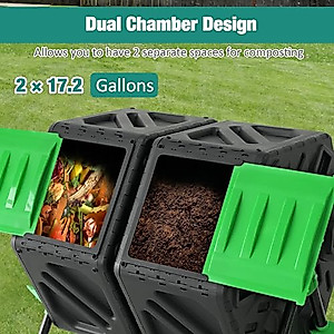 TRY & DO Outdoor Dual Chamber Compost Tumbler – Large Garden Tumbling Composter with 2 Sliding Doors and Lockable Brake - Rotating Compost Bin - 34.4 Gallon (2-17.2 Gal)