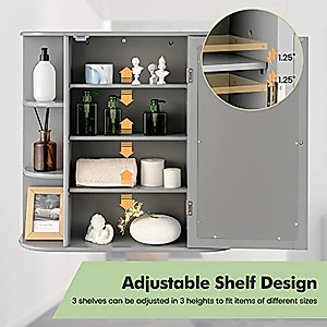 Giantex Mirrored Bathroom Medicine Cabinet - Wall Mounted Bathroom Hanging Cabinet with Single Door, 3 Adjustable Shelves, Storage Cabinet for Hallway, Living Room, Wall Cabinet Over Toilet (Gray)