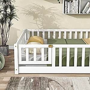 Harper & Bright Designs Full Floor Bed for Kids, Montessori Frame with Fence and Door, Wooden Full Platform Boys Girls, Slats Included, No Box Spring Needed (Full Size, White) White With Slats