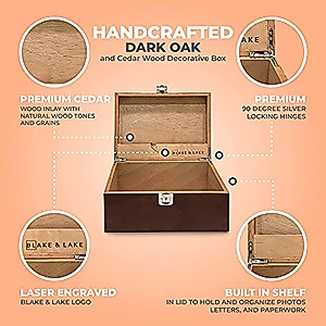 Blake & Lake Locking Wood Storage Box - Decorative box for Home or Office - Wooden Box with Hinged Lid Keepsake Box with Lock Oak Box for Home (Dark Oak)