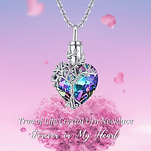 Odinstone Tree of Life Urn Necklace for Ashes, Heart Crystal Urn Necklace for Women, Sterling Silver Cremation Jewelry for Ashes (Purple 03)