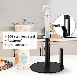 SOAMOEU Paper Towel Holder with Spray Bottle, Stainless Steel Countertop Paper Towel Holder, One-Handed Operation Kitchen Paper Towels Holder with Non Slip Weighted Base (Black)