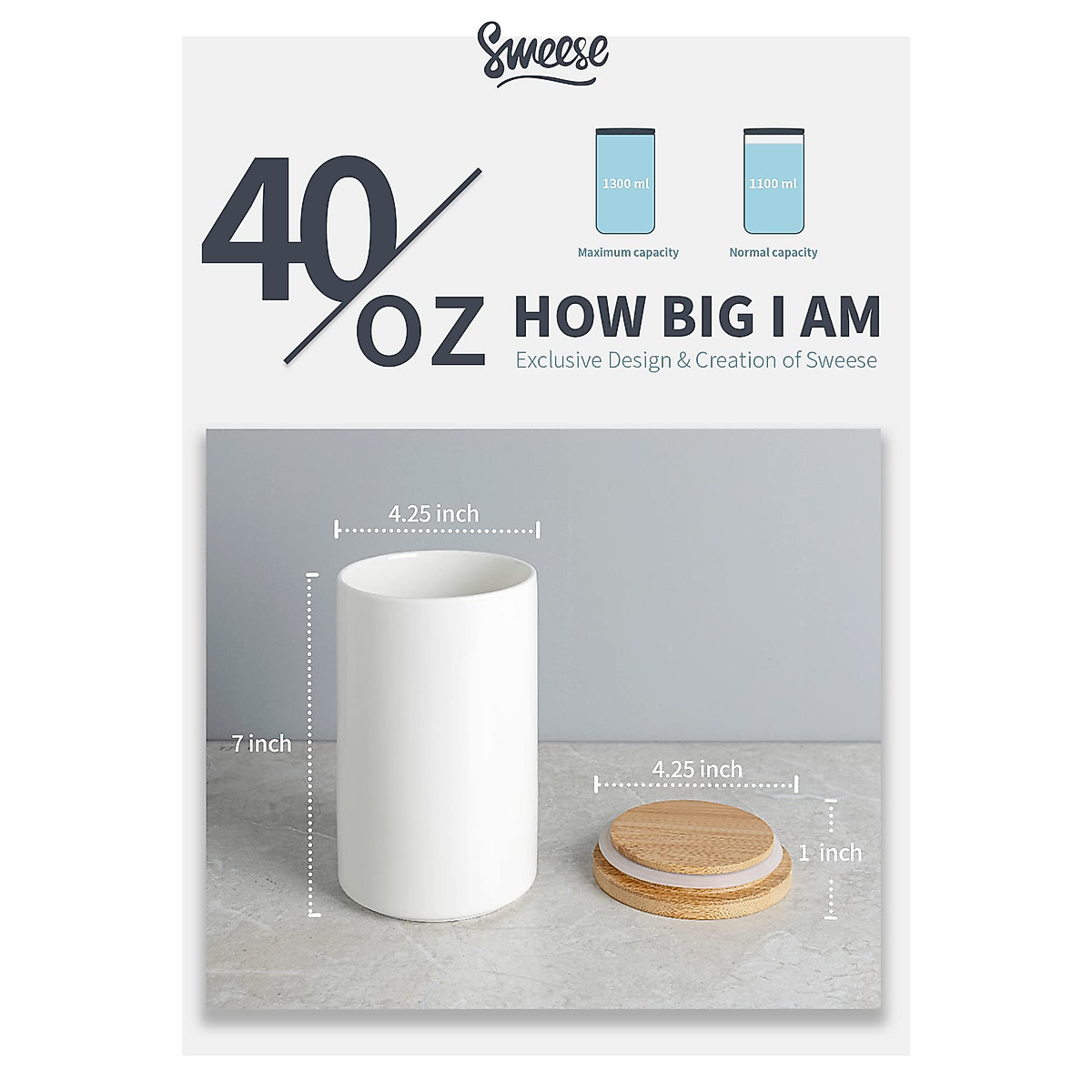 Sweese Kitchen Canister, Porcelain Food Storage Jar with Bamboo Lid for Ground Coffee, Flour, Tea, Sugar, Airtight Coffee Container,40oz/1300ml White No.821.101