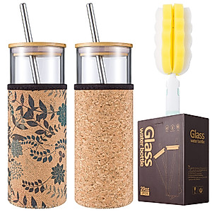 20oz Glass Tumbler with Bamboo Lid and Straw, Wide Mouth Water Tumbler with Protective Sleeve, Drinking Cups, Drinking Jars, Claplante Iced Coffee Cup, Spill Proof Glass Water Bottle, Glass Cup