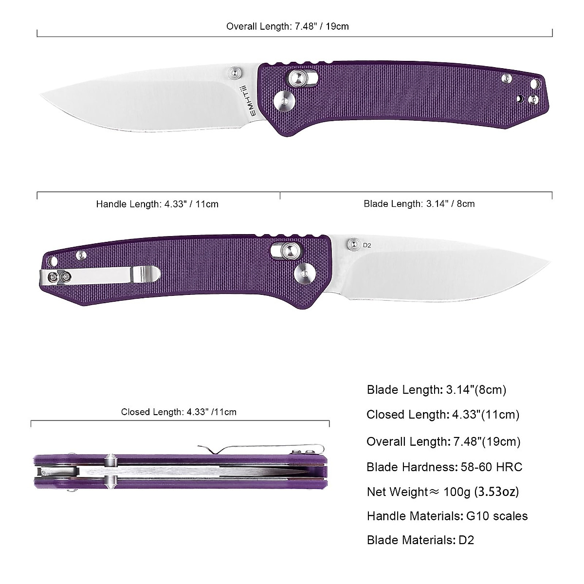 EMHTiii Pocket Folding EDC Knife: 3.14" D2 Steel Satin Sharp Blade, G10 Scales, Crossbar Axis Lock, Reversible Clip, Great Gifts for Men Women Camping Hiking Outdoor, Purple