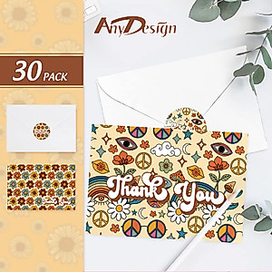 AnyDesign Retro Floral Thank You Cards Bulk 30 Pack Boho Rainbow Flower Note Cards with Matching Seal Stickers Envelopes Hippie Greeting Blank Cards for Birthday Baby Shower Bridal Party, 4 x 6 Inch