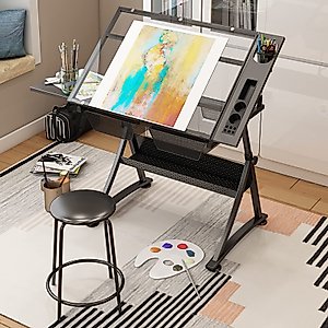 Drawing Table Glass Drafting Table Art with Stool, Height Adjustable Drawing Desk Art Table for Artists, Upgraded Tiltable Tabletop Art Craft Desk Painting Work Station for Reading Writing Drawing bea