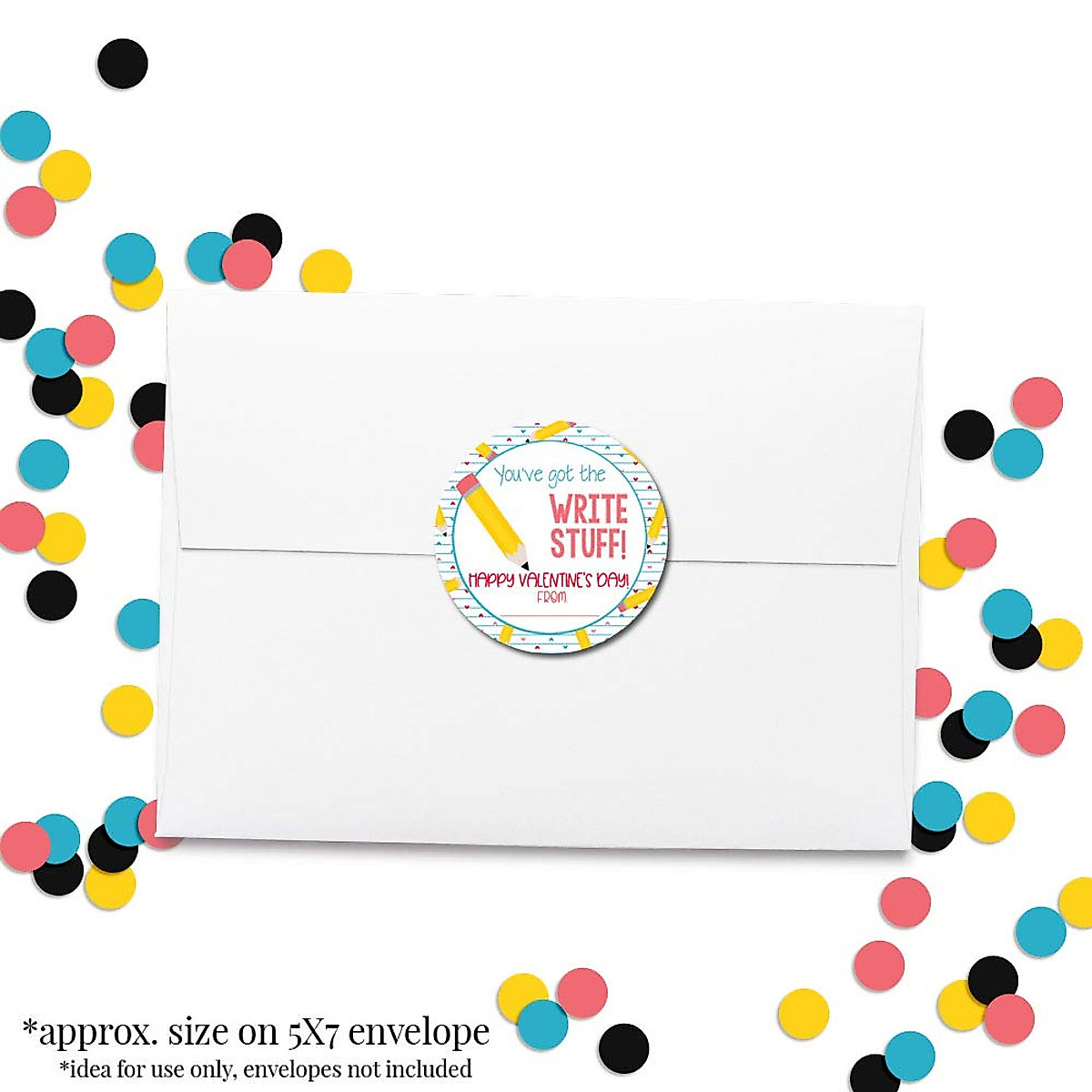 You've Got The Right Stuff Pencil Themed Valentine Party Favor Sticker Labels for Kids, 40 2" Party Circle Stickers by AmandaCreation, Great for Classroom Valentines, Envelope Seals, Gifts, Treats