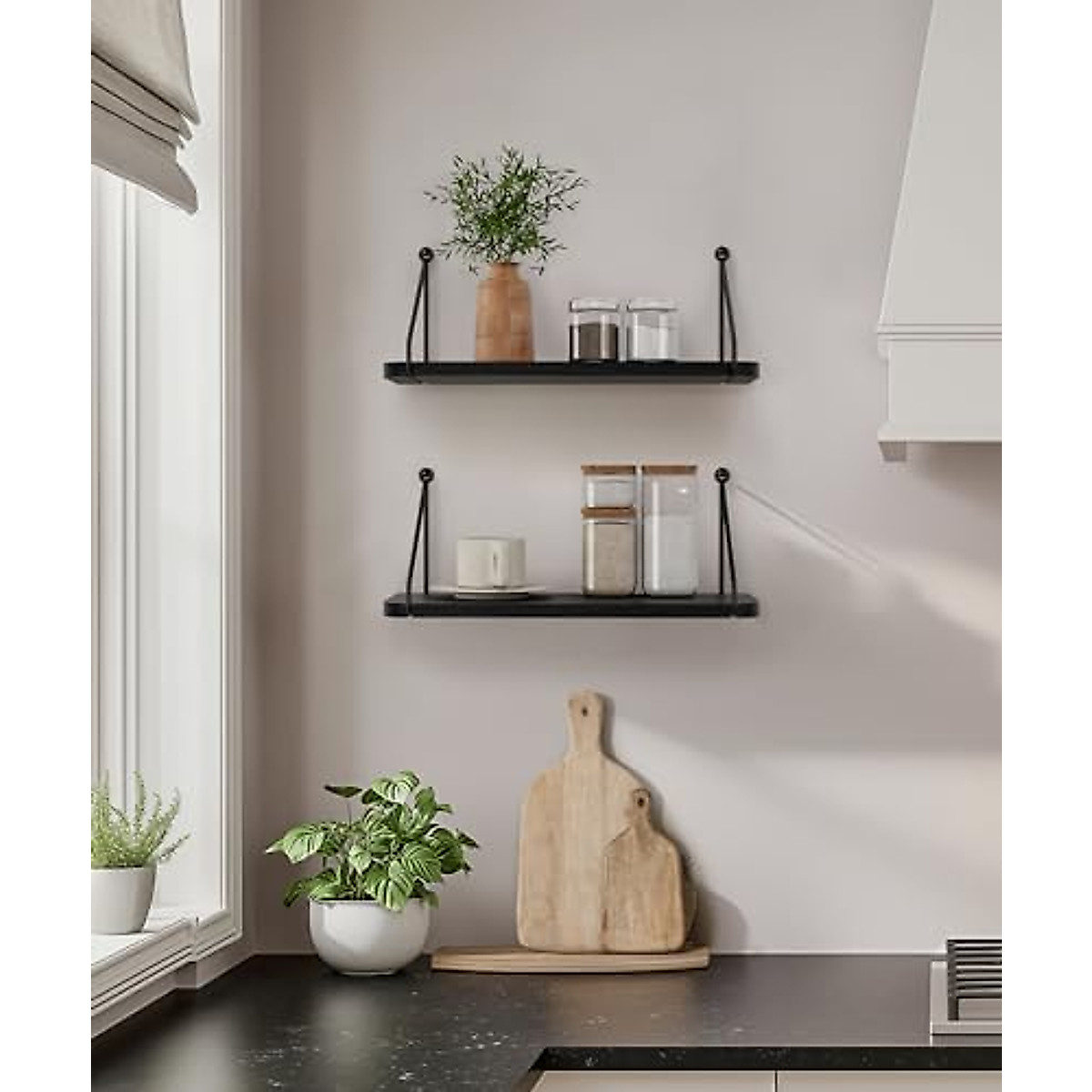 SUMGAR Black Floating Shelves for Wall, Wall Shelf for Bathroom Bedroom Kitchen, Floating Book Shelves for Wall Small Wall Mount Wood Storage Organzier Set of 2