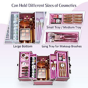 Frenessa Makeup Train Case Cosmetic Organizer Case Portable Travel Storage Box 4 trays with Dividers Lockable Make Up Case for Makeup Artist, Nail Tech, Crafter Makeup Tools Makeup Toiletry Case