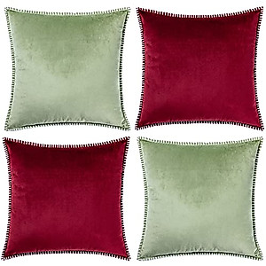 GAWAMAY Green 16x16 Fall Pillow Covers,Pack of 2 Decorative Burgundy Red Cushion Pillow Cases with Chenille Edge Soft Boho Decor Pillows for Living Room Sofa Couch Beding Velvet Euro Pillow (40x40cm)