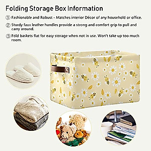 MNSRUU Storage Basket Bee And Flower Collapsible Organizer Basket with PU Handles, Waterproof Nursery Laundry Basket, 1 Pack