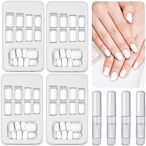 BBTO 96 Pcs Short Press on Nails Fake Nails Full Cover Short False Nails Acrylic Square Nails with Glue for Women Girls DIY Nails Favors (White, Matte)