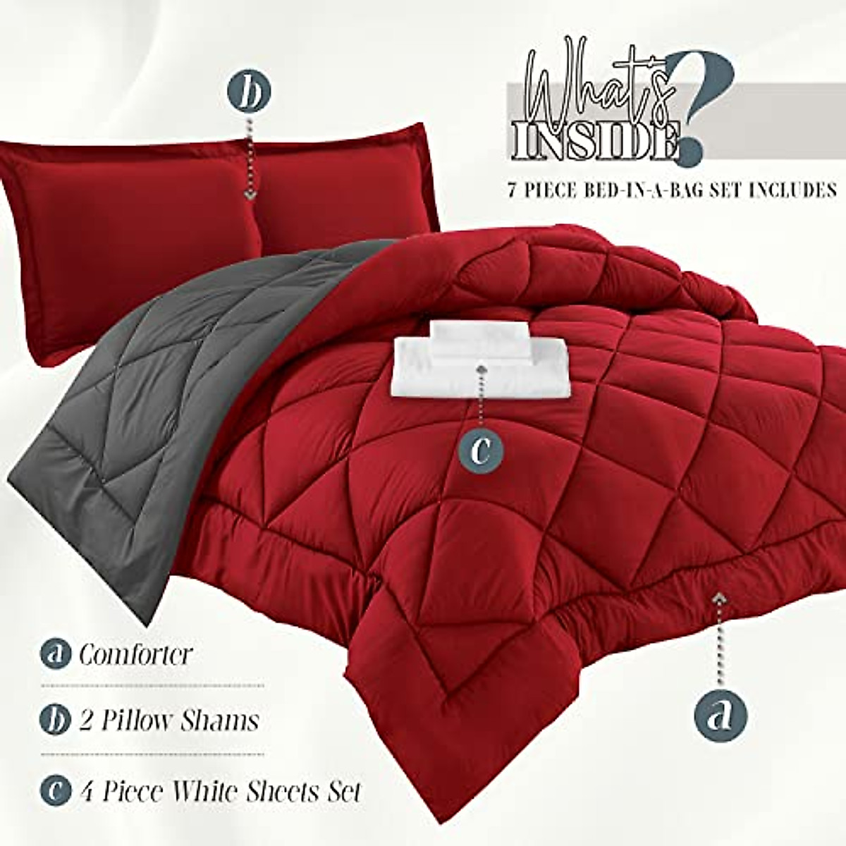 Elegant Comfort 7-Piece Bed-in-a-Bag Comforter & Sheet Set- Luxury 1500 Thread Count 7-Piece Full Size Bed-in-a-Bag, Super Cozy Bed Sheets and Comforter Set, Wrinkle and Stain Resistant, Red/Gray