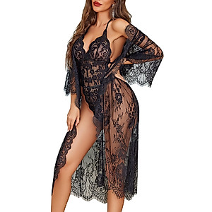 Avidlove Lingerie for Women Long Lace Kimono Robe Eyelash Babydoll with Satin Belt
