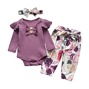 Newborn Baby Girl Clothes Ruffle Sleeve Outfit Floral Pant Set Fall Winter Clothing for Girl 3PCS Purple