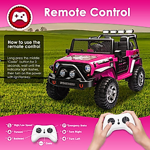 Sopbost 12v 7Ah 2-Seater Ride On Truck Electric Ride On Car for Kids w/Parent Remote Control Battery Powered Off-Road Ride on Toys w/Spring Suspension, LED Lights, Music (Pink)