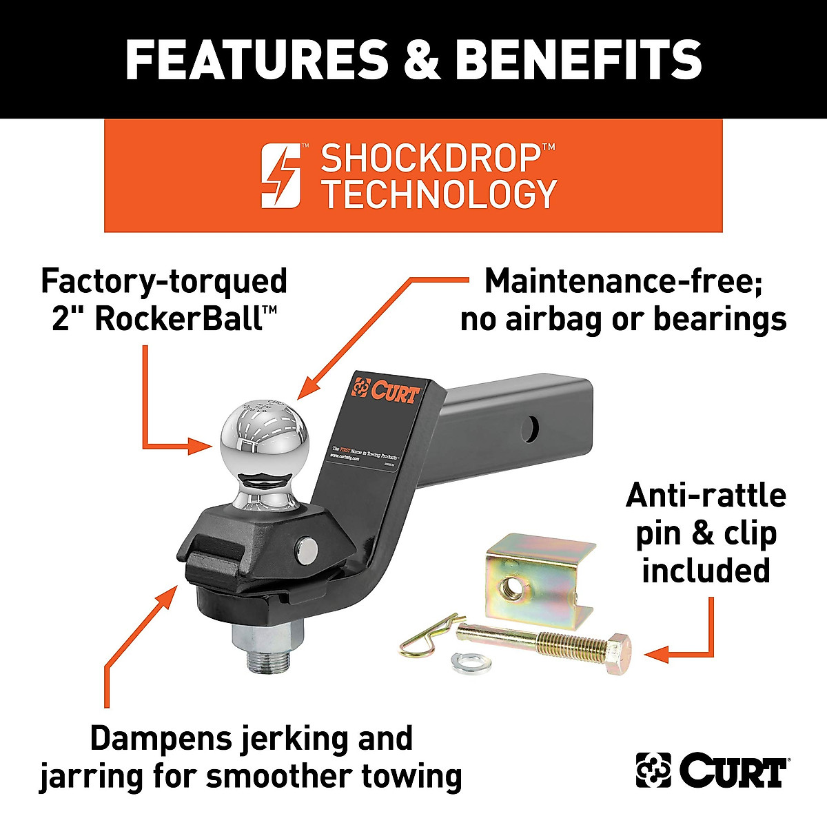CURT 45143 RockerBall Cushion Hitch Ball Mount, 7,500 lbs 2-Inch Diameter, 2-in Shank, 3" Drop, Anti-Rattle Pin