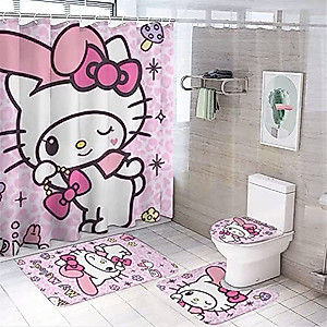 fmsnupz 4PCS Anime Shower Curtain Set, Cute Bathroom Decor with Non-Slip Rugs, Toilet Lid Cover and Bath Mat, Waterproof Fabric Shower Curtains with 12 Hooks, 70.8"x70.8"