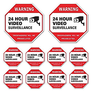 Video Surveillance Sign 10 Pack, CCTV 24 Hour Warning Sticker Door Window Yard Sign, Indoor & Outdoor Use (2-6x6", 8-3x3" Decal)