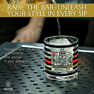 Greenline Goods Thin Red Line Firefighter Whiskey Old Fashioned Glasses (Set of 2) - 10 oz - Classic Glass Drinkware with Fire Fighter Flag Graphics -Shows Support for First Responders