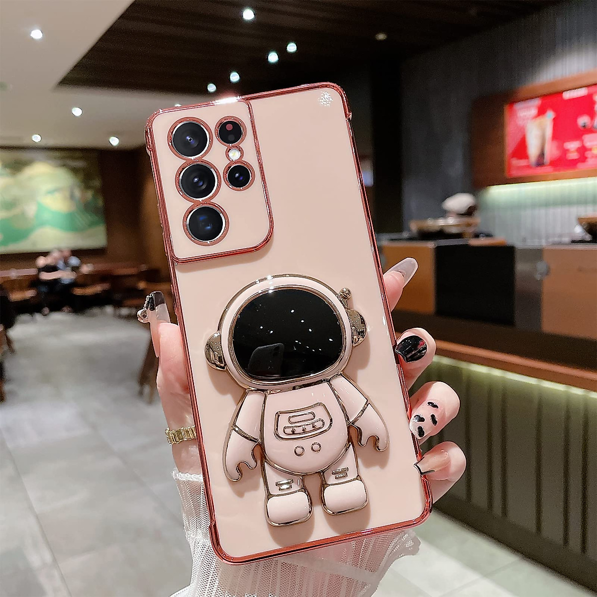 AIGOMARA 6D Plating Astronaut Hidden Stand Case Cover for Samsung Galaxy S21 Ultra 5G Women Astronaut Folding Bracket Kickstand iPhone Case with Camera Protector Soft TPU Shockproof Bumper - Pink