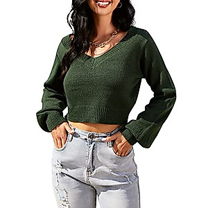 ZAFUL Women's Cropped Sweater V-Neck Long Sleeve Crop Sweater Pullover Jumper Knit Top (1-Green, M)
