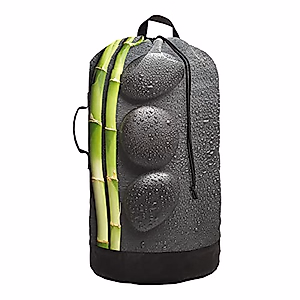 Poeticcity Black Zen Basalt Stones with Dew Green Bamboo on Dark Backpack Laundry Bag Drawstring Hamper Basket, Dirty Clothes Bin Toy Storage with Adjustable Shoulder Straps for Travel Home