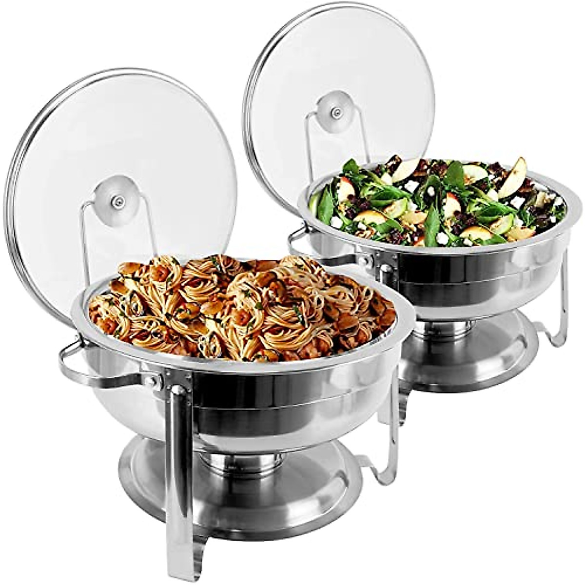 BriSunshine 2 Packs 4 QT Round Chafing Dish Set, Stainless Steel Chafing Dishes for Buffet, Food Warmers with Glass Lid & Holder for Weddings Parties Catering